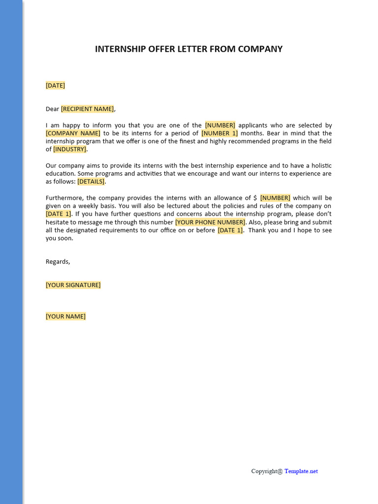 Free Internship Offer Letter From Company Template | PDF