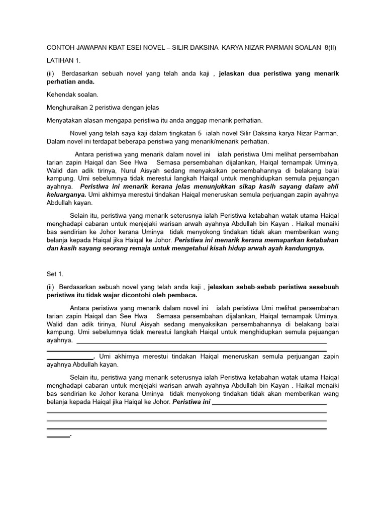 Contoh Jawapan Kbat Esei Novel | PDF | Sejarah | Fiksi Misteri ...