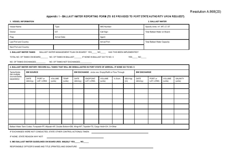 Ballast Water Reporting Form A.868(20) | PDF | Water Transport | Watercraft
