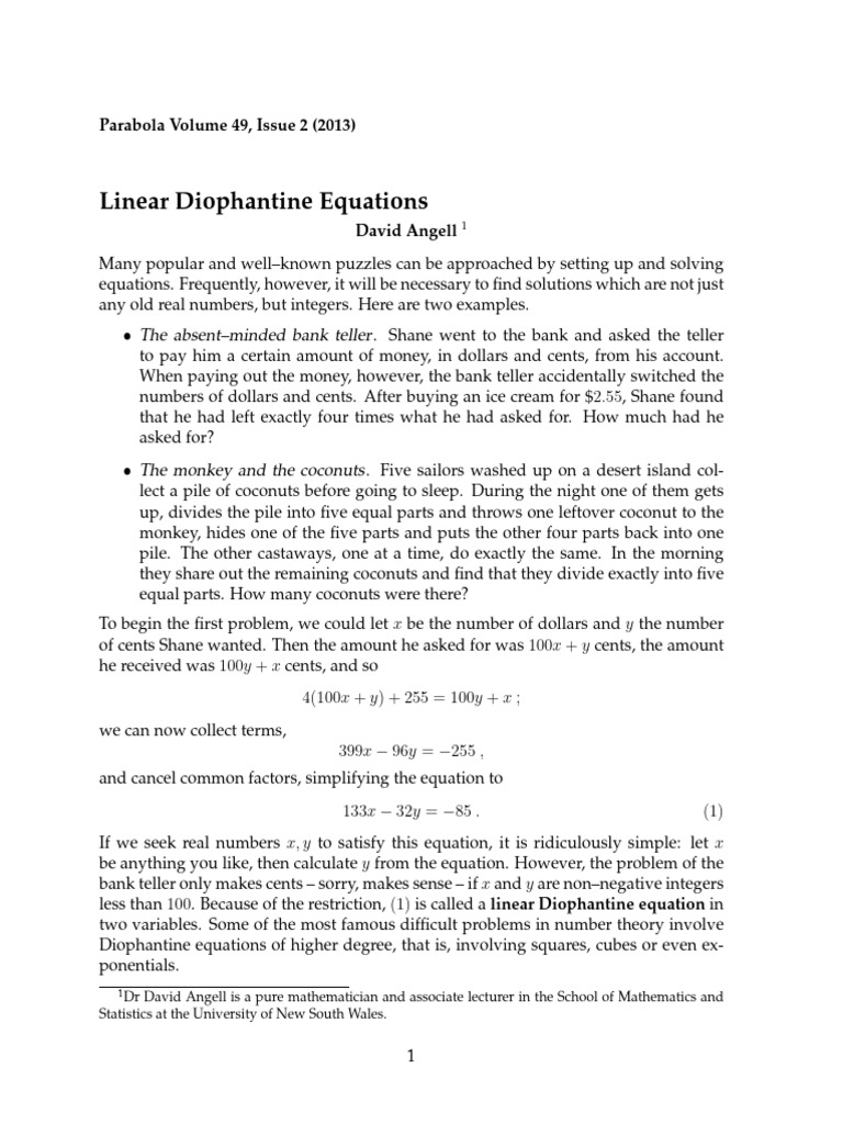 Linear Diophantine Equations - Angell | PDF | Equations | Factorization