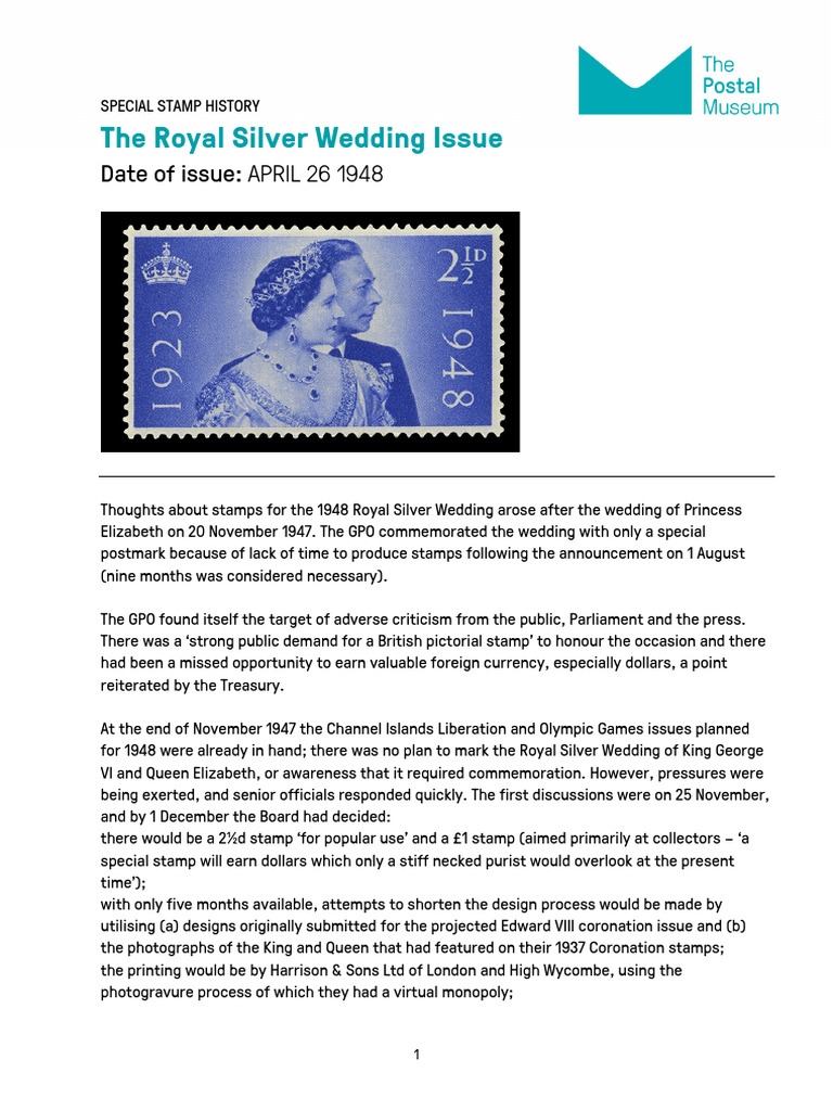 Stamp History 1948 Royal Silver Wedding | PDF | Philately | Postage Stamp