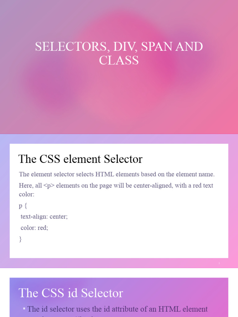 Selectors Div Span and Class | PDF | Html | Computing Selectors Div Span and Class | PDF | Html | Computing