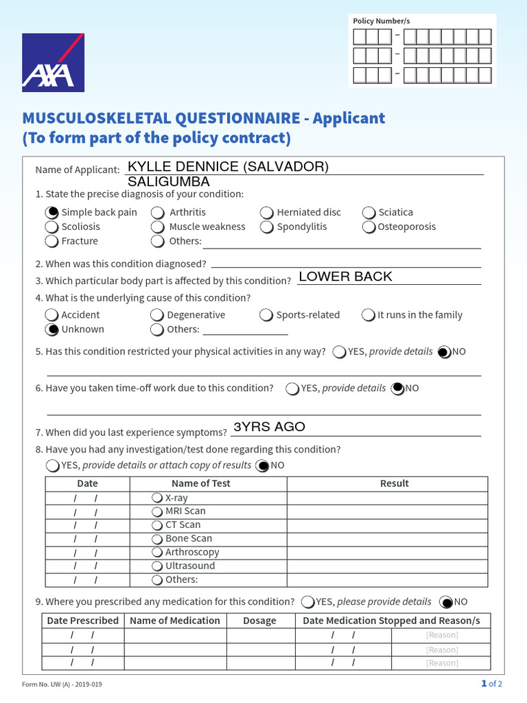 Musculoskeletal Questionnaire Applicant 2020 | PDF | Back Pain | Causes ...