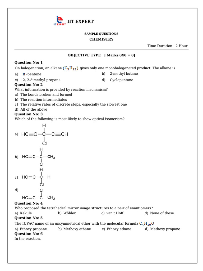 IIT Chemistry Sample Questions | PDF | Chemical Bond | Alkane