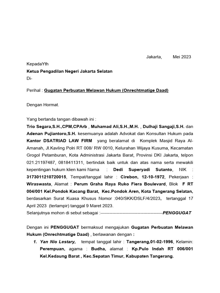Draft Gugatan PMH Dedi Superyadi | PDF
