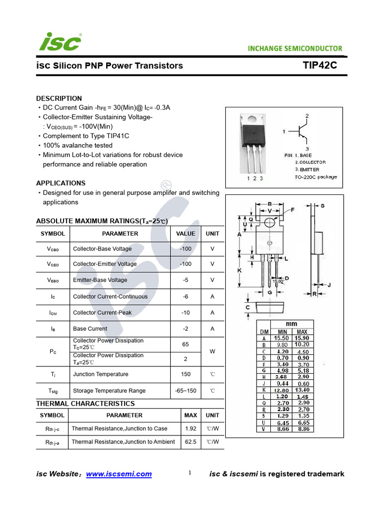 TIP42C InchangeSemiconductor | PDF | Bipolar Junction Transistor ...