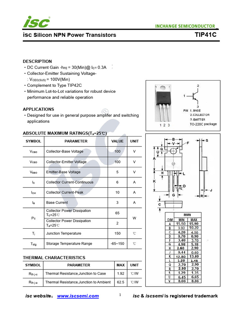 Tip41c Inchange | PDF | Bipolar Junction Transistor | Materials Science