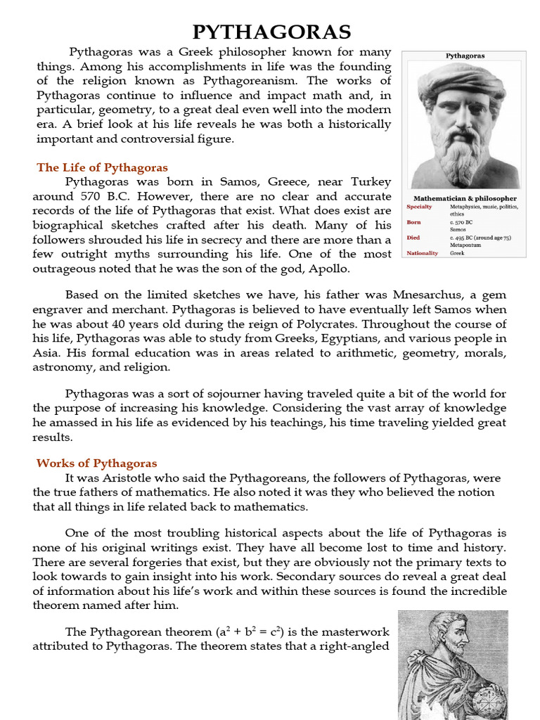 Life and Works Pythagoras and Archimedes | PDF | Pythagoras | Area