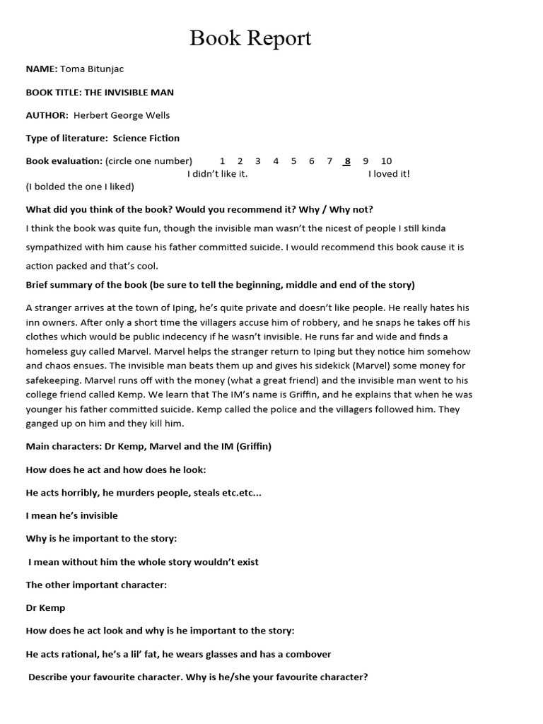 Book Report Template | PDF | The Invisible Man