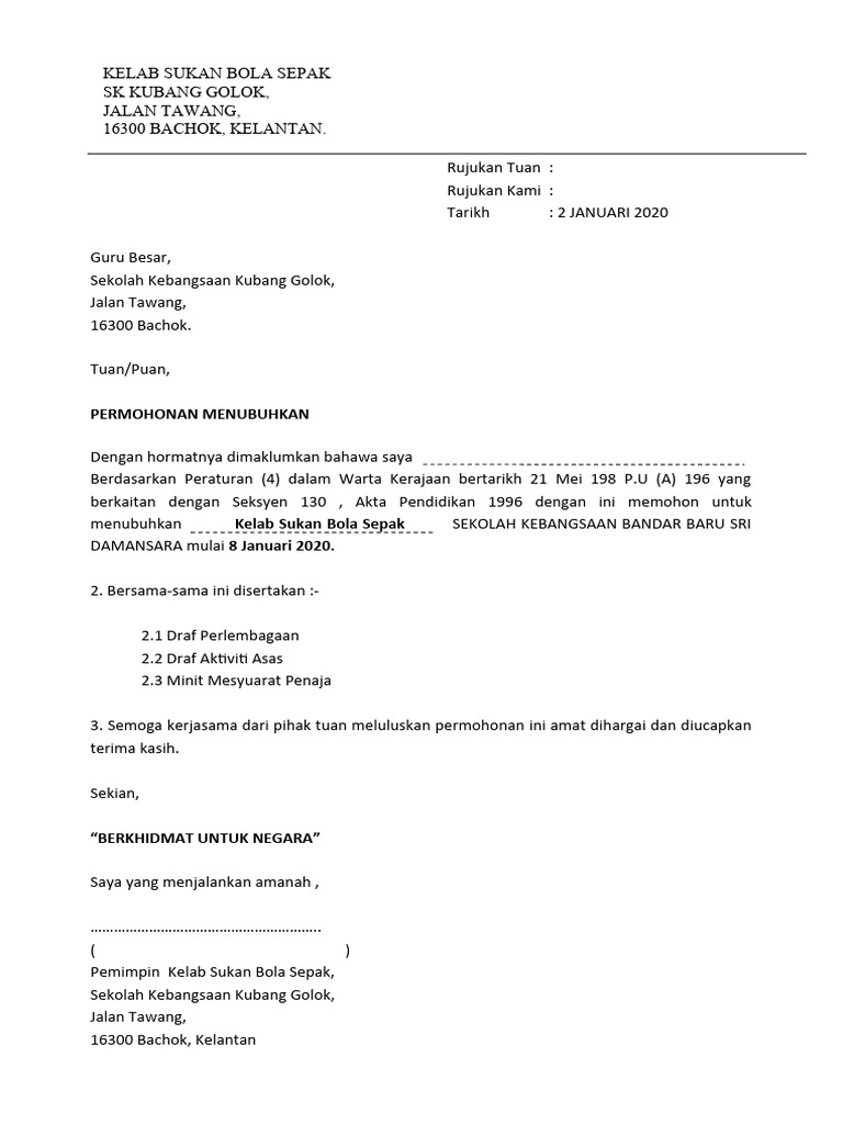 Contoh Surat Penubuhan Kelab | PDF