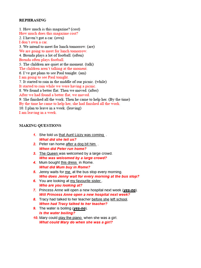 Answer Key Rephrasing and Making Questions | PDF