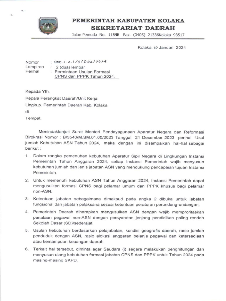 Permintaan Usulan Formasi CPNS Dan PPPK TH 2024 | PDF