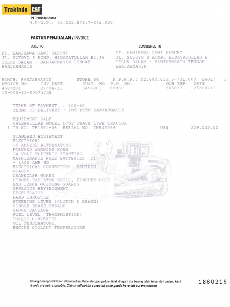 PSP - Invoice Pembelian Dozer D7G Th 2011 | PDF