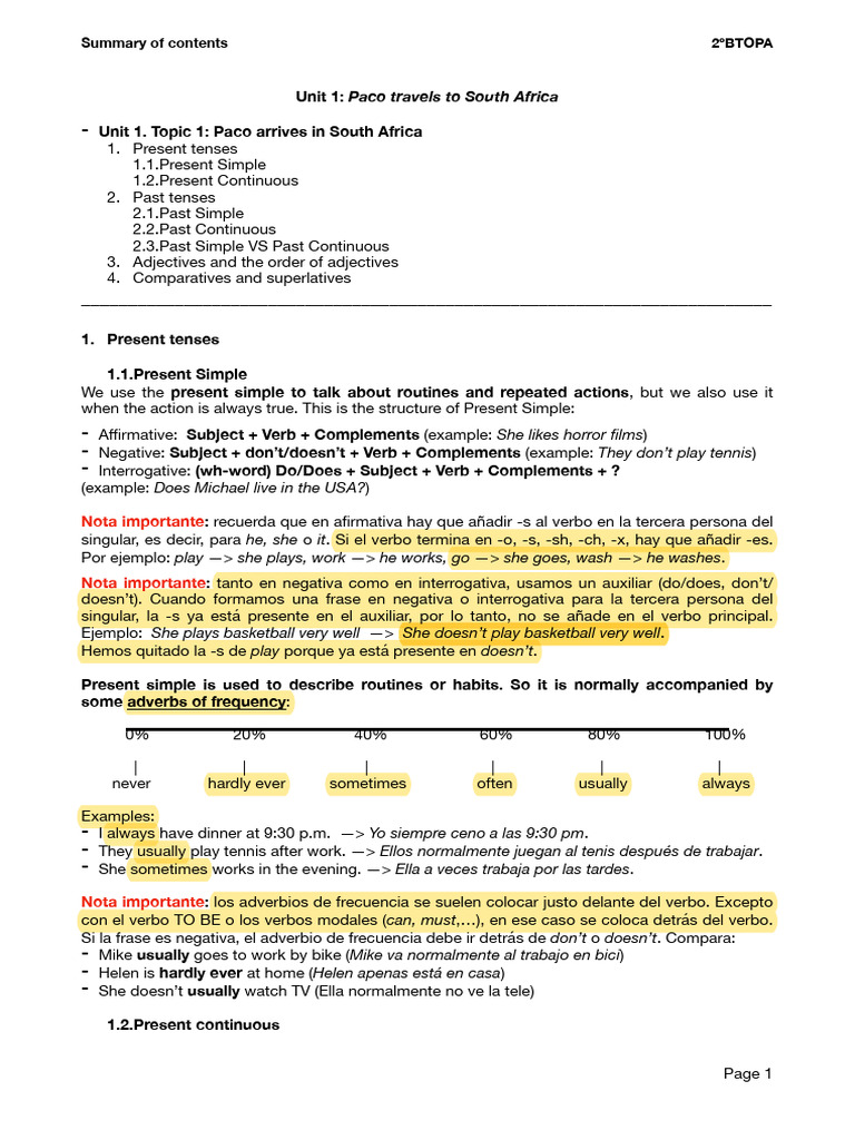 Unit 1. Topic 1 Paco Arrives in South Africa | PDF | Adjective | Grammatical Tense