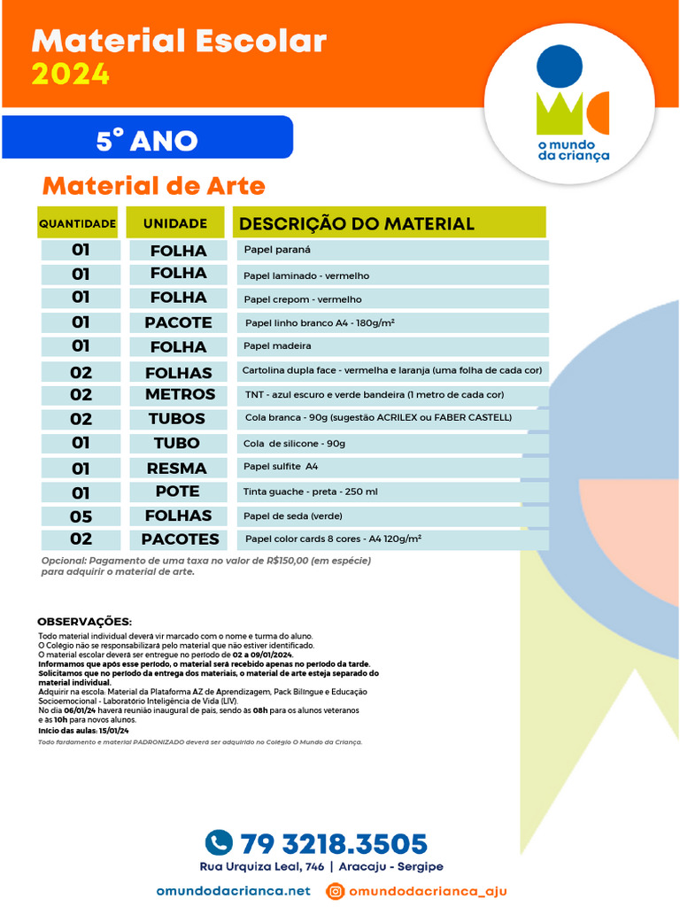 Lista de Materiais - 5° Ano | PDF | Papel | Conservação e materiais de ...