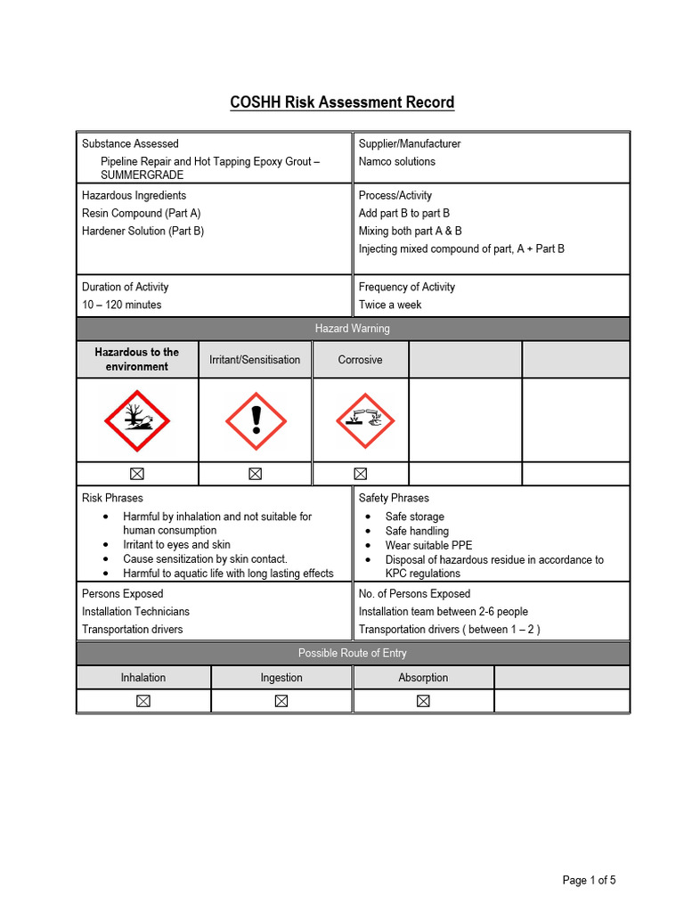 COSHH Risk Assessment - Pipeline Repair An D Hot Tapping Epoxy Grout ...