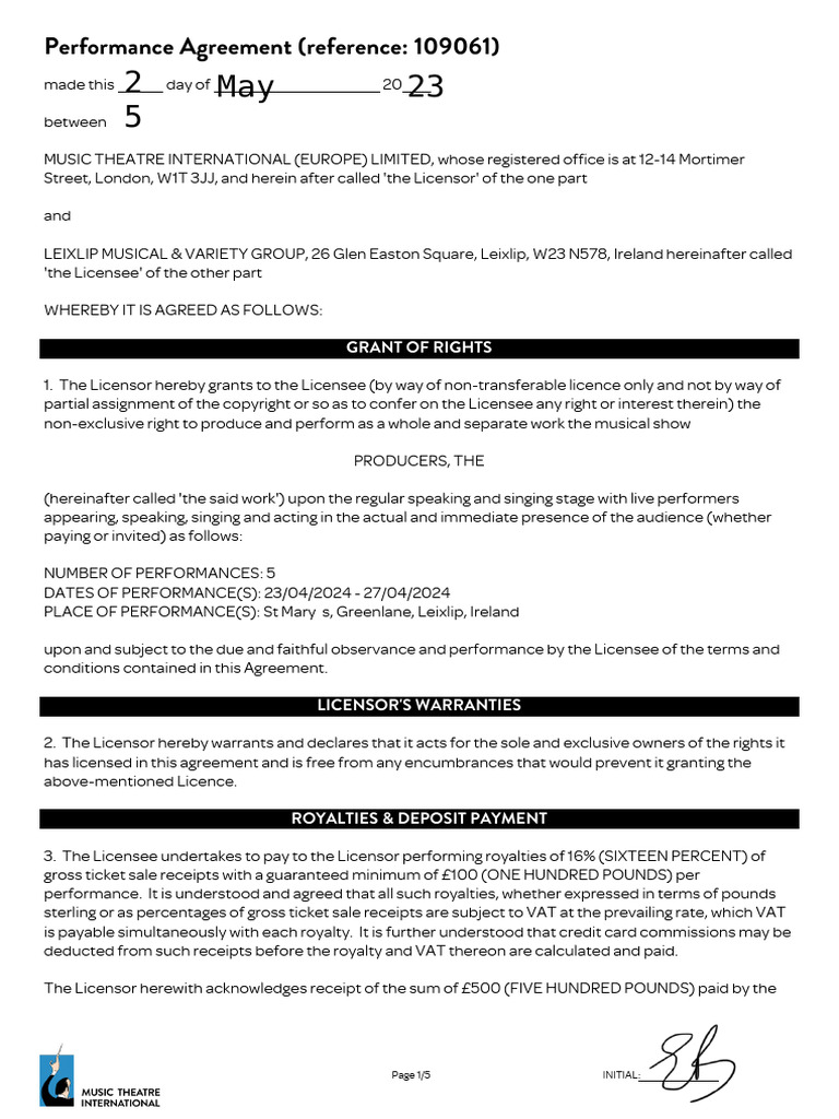 The Producers MTI Licence Agreement | PDF | License | Royalty Payment