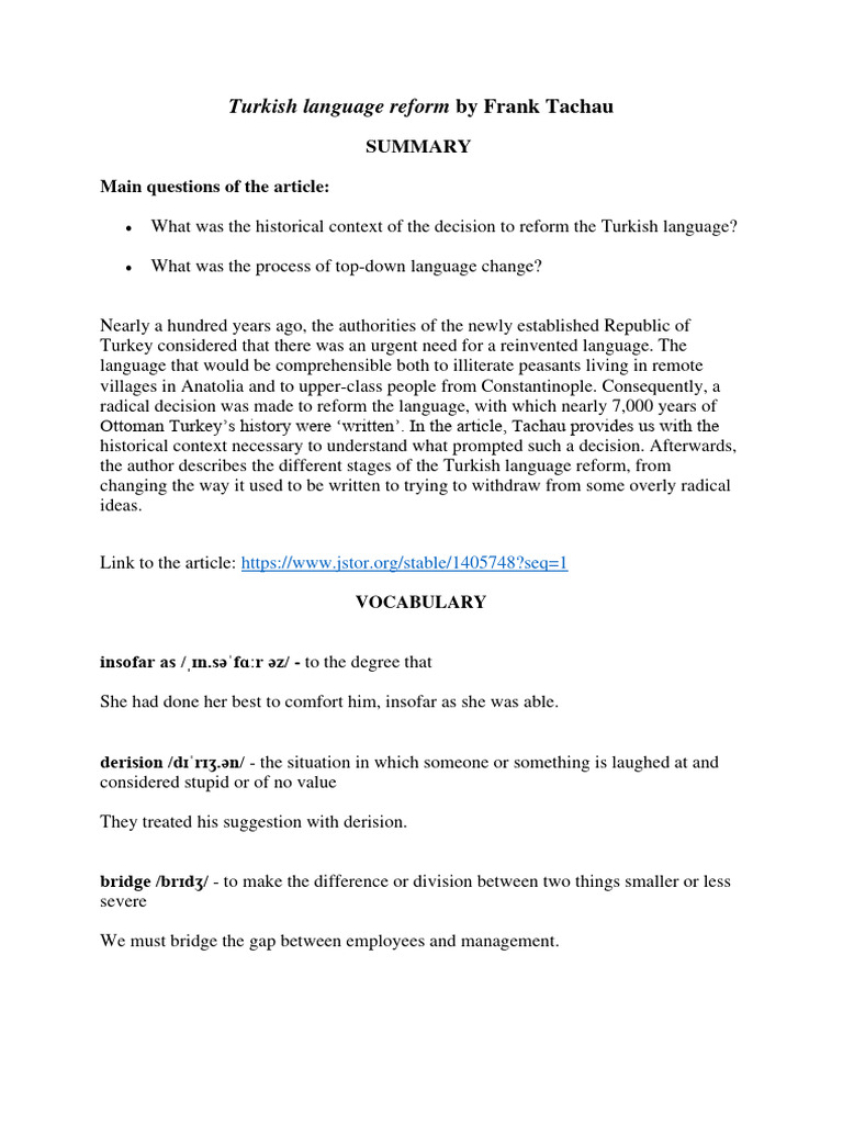 Turkish Language Reform Handout | PDF | Turkey | Human Communication
