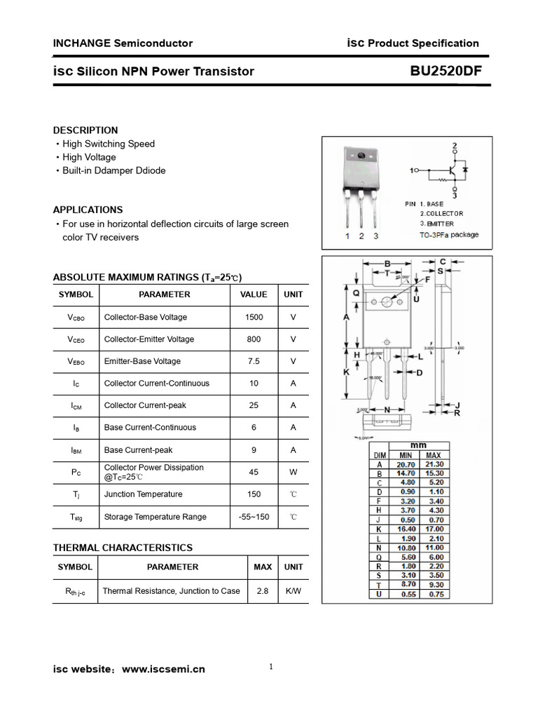 01 Bu2520df | PDF | Bipolar Junction Transistor | Electronics