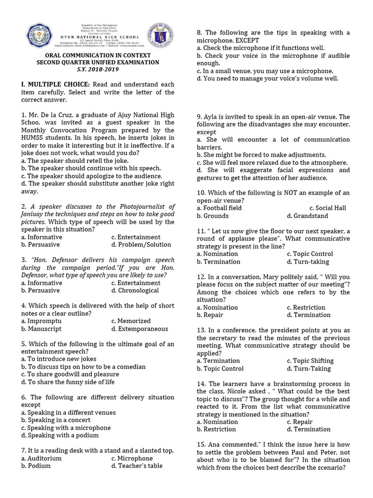 Oral Communication Exam Questions | PDF | Speech | Nonverbal Communication