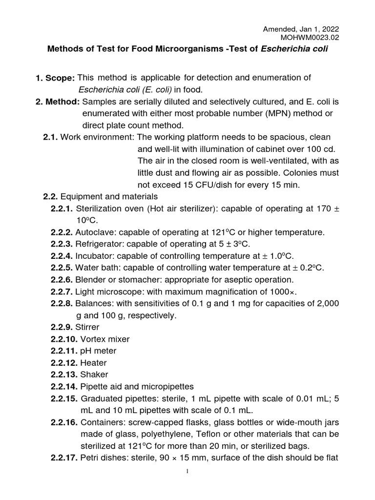 Methods of Test For Food Microorganisms - Test of Escherichia Coli ...
