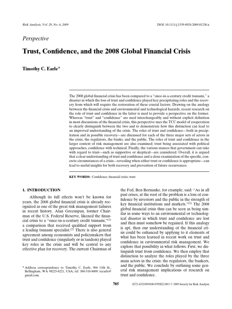 Trust, Confidence, and The 2008 Global Financial Crisis | PDF | Ben ...