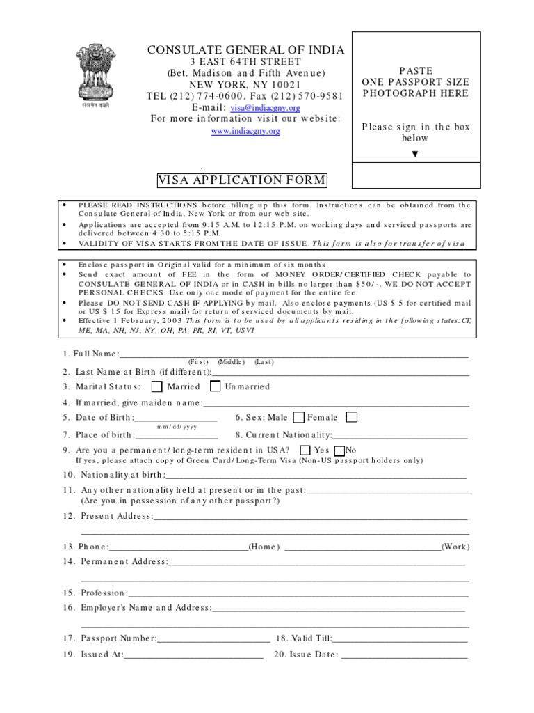 Consulate General of India: Visa Application Form | PDF | Travel Visa ...