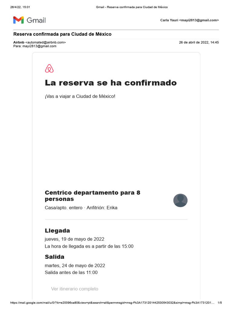 Gmail - Reserva Confirmada para Ciudad de México-6PERSONAS | PDF