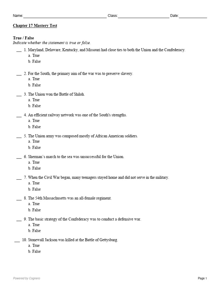 Civil War True/False Mastery Test | PDF | Politics | Travel