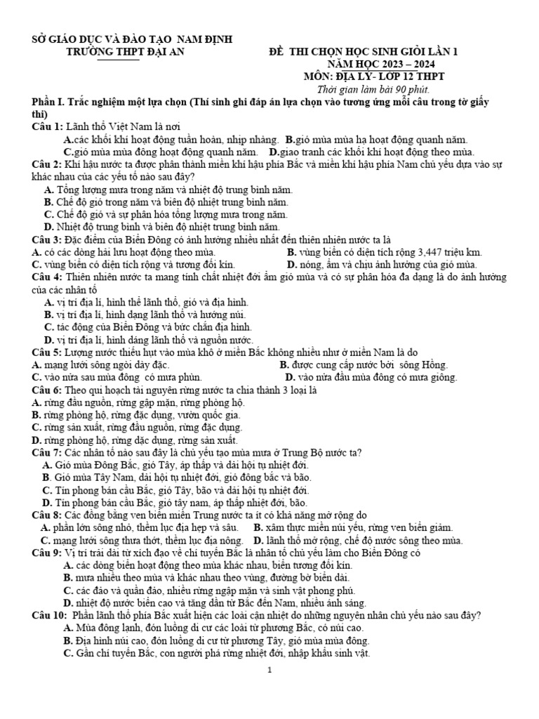 Đề Hsg Địai Lí 12 Lần 1 - 2024 - nga | PDF