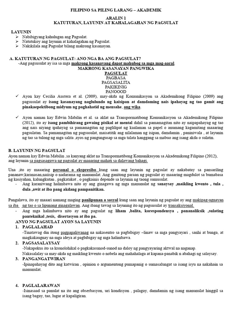 PAGSULAT SA FILIPINO SA PILING LARANG Notes Aralin 1 and 2 | PDF
