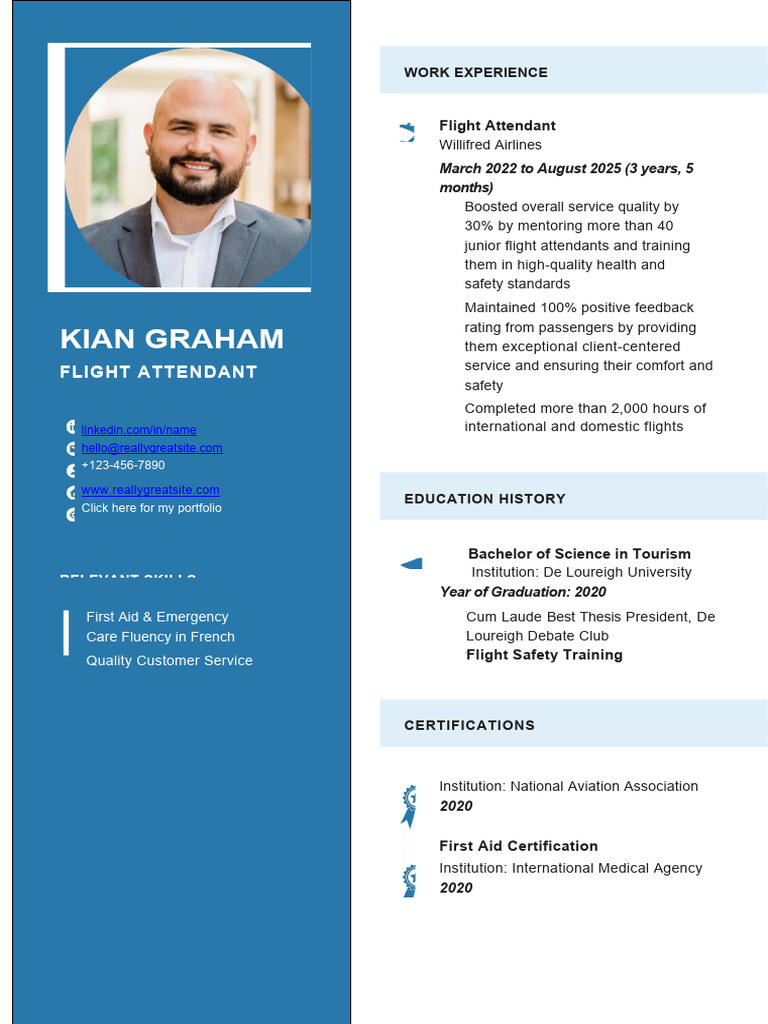 Blue Light Blue Color Blocks Flight Attendant CV | PDF