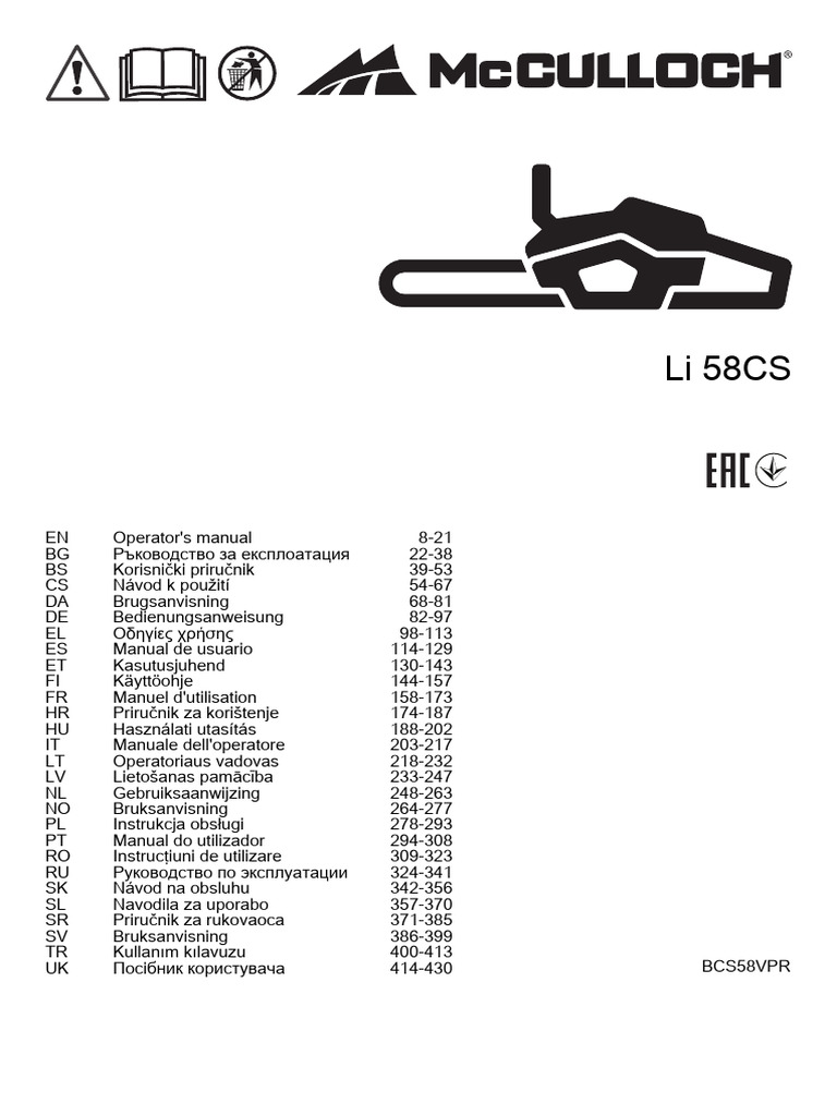 Motosierra Li58cs 58v Mcculloch | PDF | Rechargeable Battery | Personal Protective Equipment