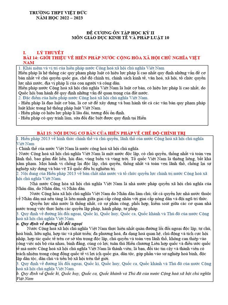 ĐỀ CƯƠNG. GDKT & PL 10 cuối kì 2 | PDF