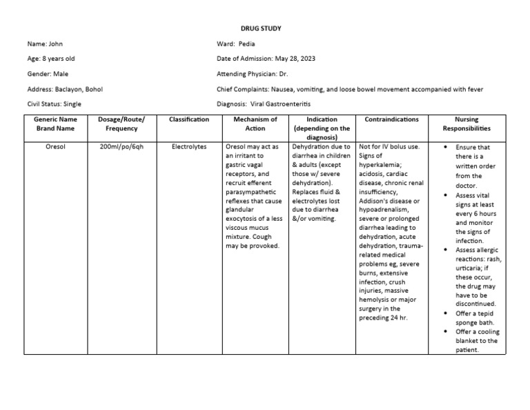 Pedia - Drug Study (Orasol) | PDF | Diarrhea | Vomiting