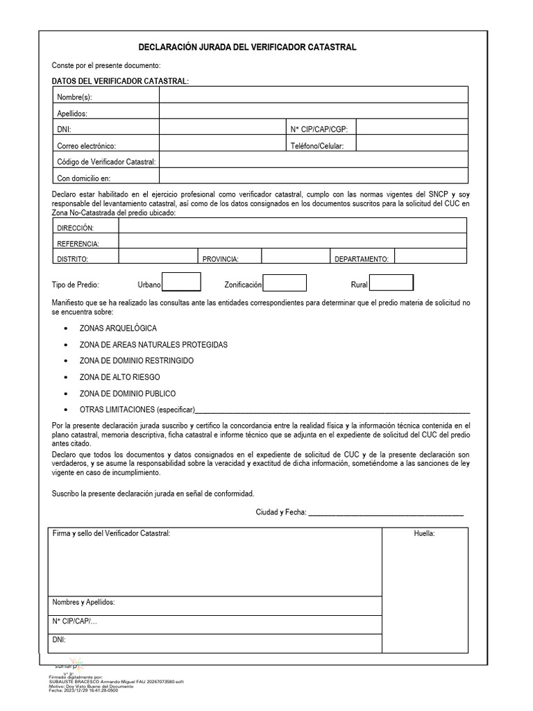 Anexo E FORMATO DE DECLARACION JURADA DEL VERIFICADOR CATASTRAL | PDF