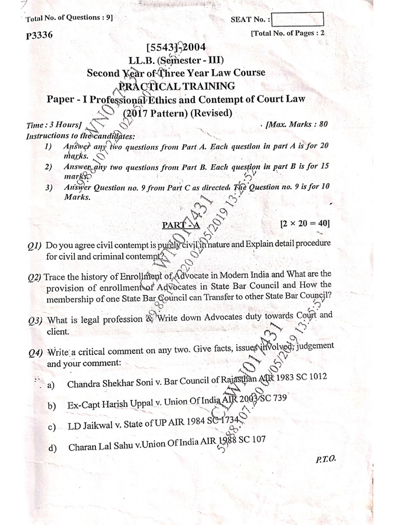 LLB-2_SEM_3rd Question Paper Professional Ethics | PDF