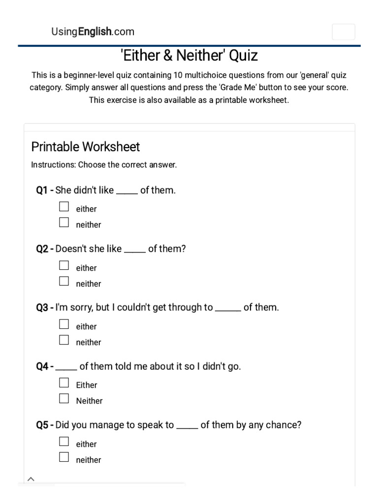 'Either & Neither' Quiz - Exercise & Worksheet | PDF