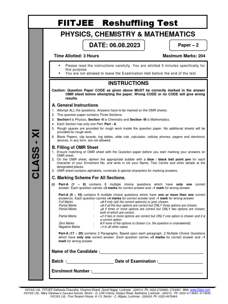 XI - Reshuffling Test - Paper - 2 | PDF | Chemical Bond | Newton's Laws ...