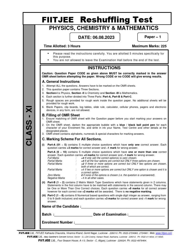 FIITJEE Class 11 Reshuffling Test Paper | PDF