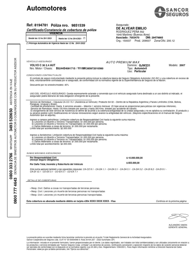 Constancia de Póliza Volvo Seguro | PDF | Póliza de seguros | Seguro
