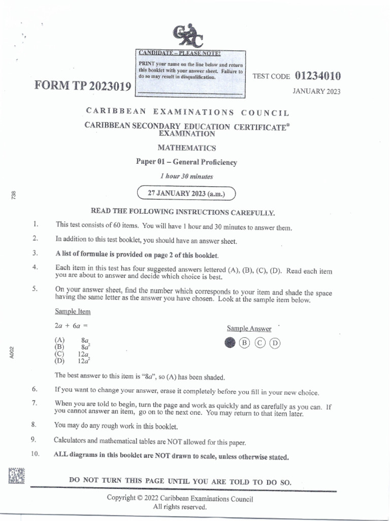 CSEC Mathematics Jan 2023 P1 | PDF