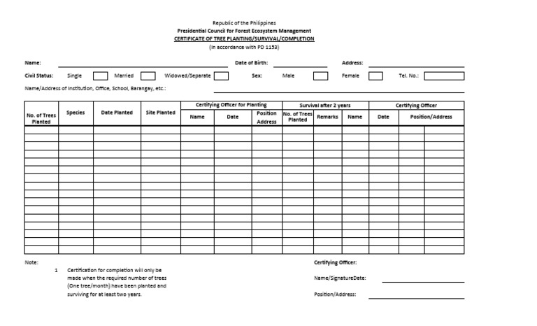 Certificate of Tree Planting Form 1 | PDF