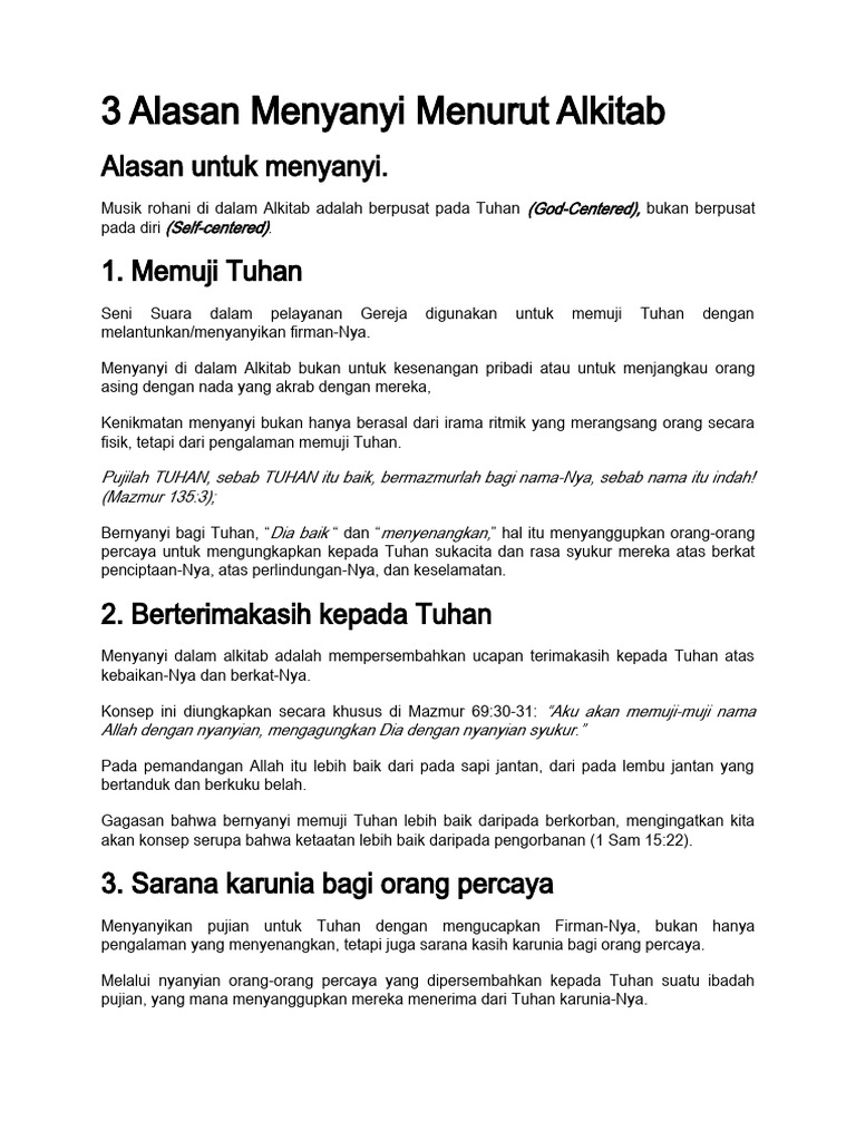 3 Alasan Menyanyi Menurut Alkitab | PDF