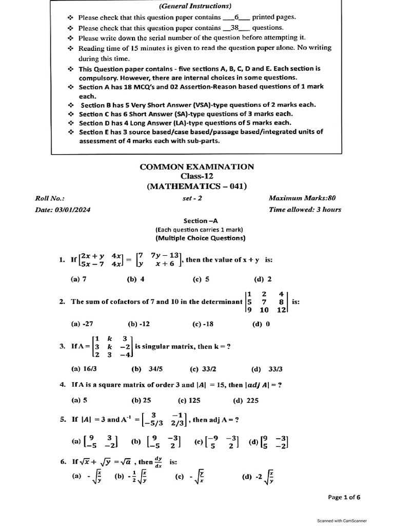 SET 2 (Maths Class 12) | PDF