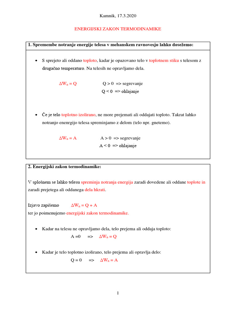 002 Energijski Zakon Termodinamike 17.3.20 | PDF