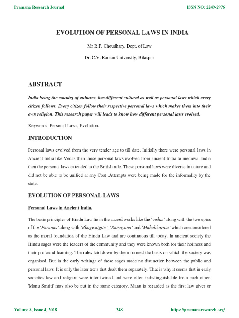 Evolution of Personal Laws in India: MR R.P. Choudhary, Dept. of Law Dr ...