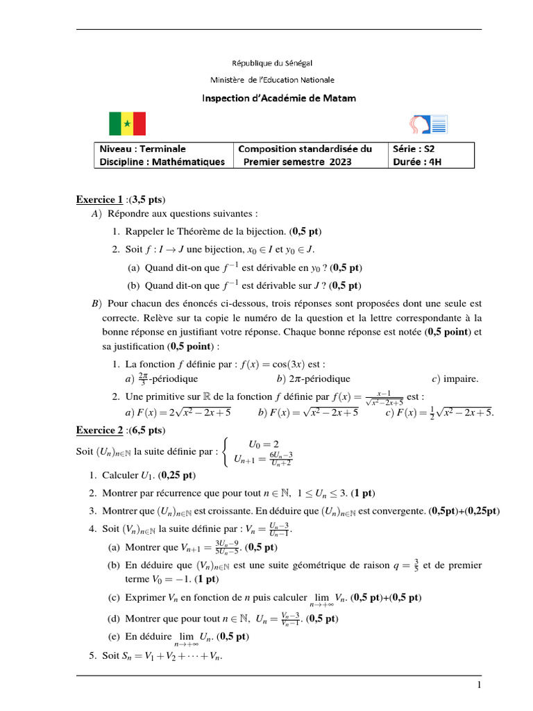 Compo Maths TS2 1er Sem IA Matam | PDF