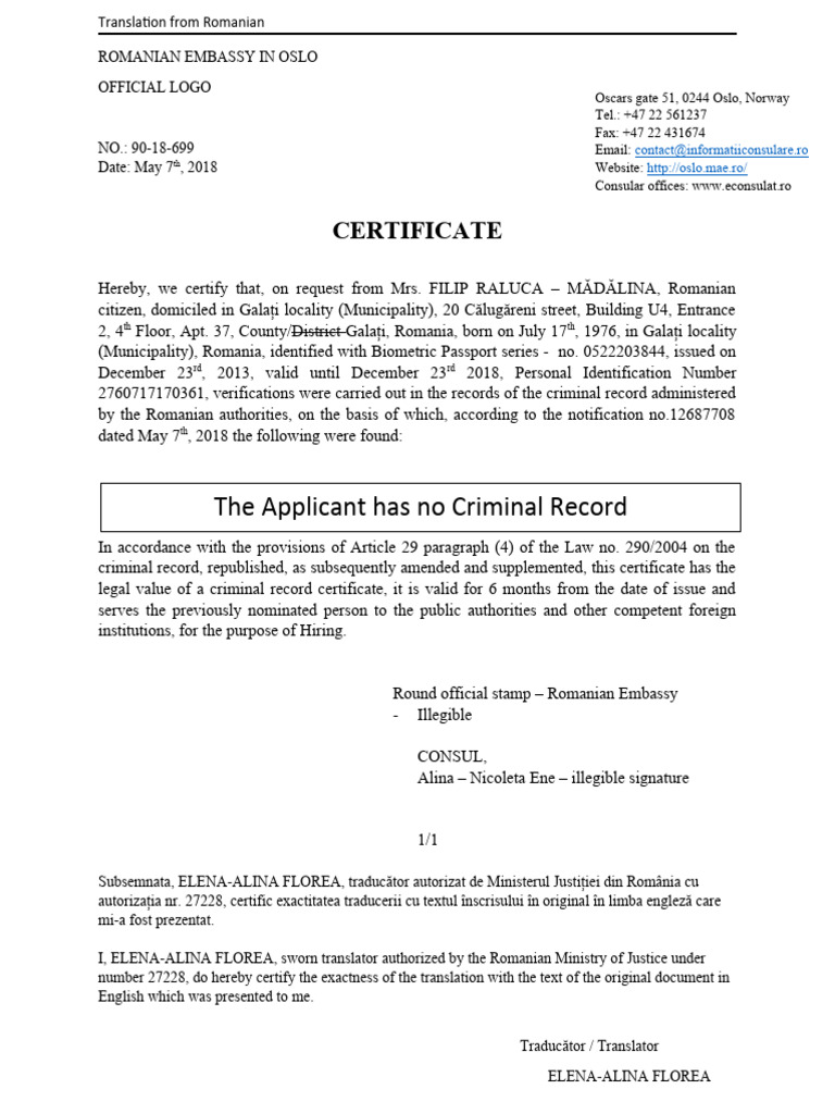 Adeverinta Cazier Judiciar | PDF | Criminal Record | Identity Document