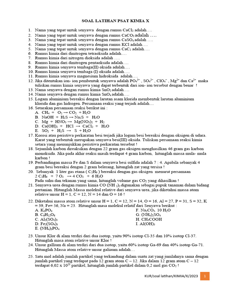 Soal Latihan Kimia X 2023 | PDF | Metode & Bahan Ajar | Teknologi & Rekayasa